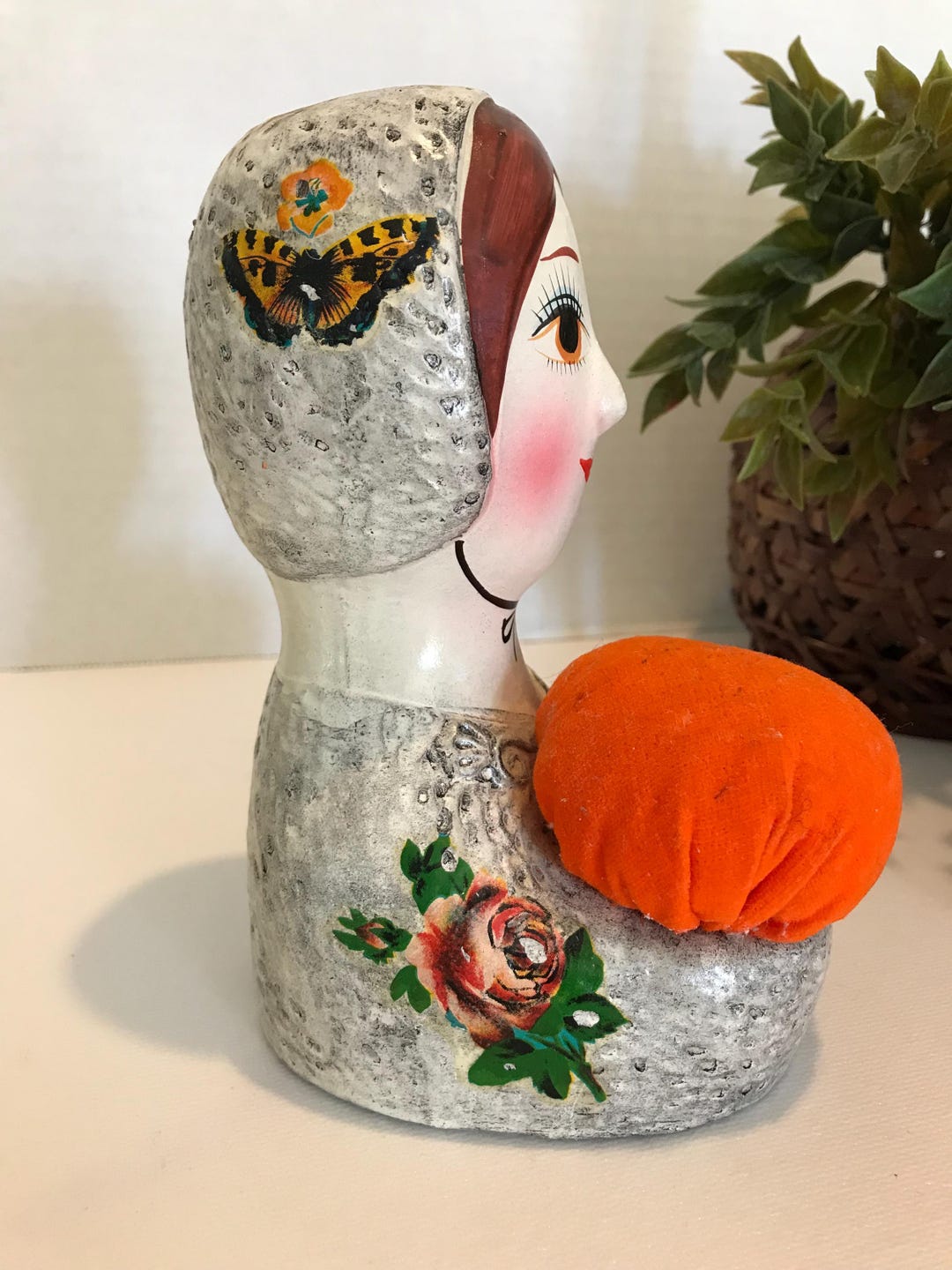 Vintage Ceramic and Fabric Pin Cushion and Piggy Bank, Vintage Unique ...