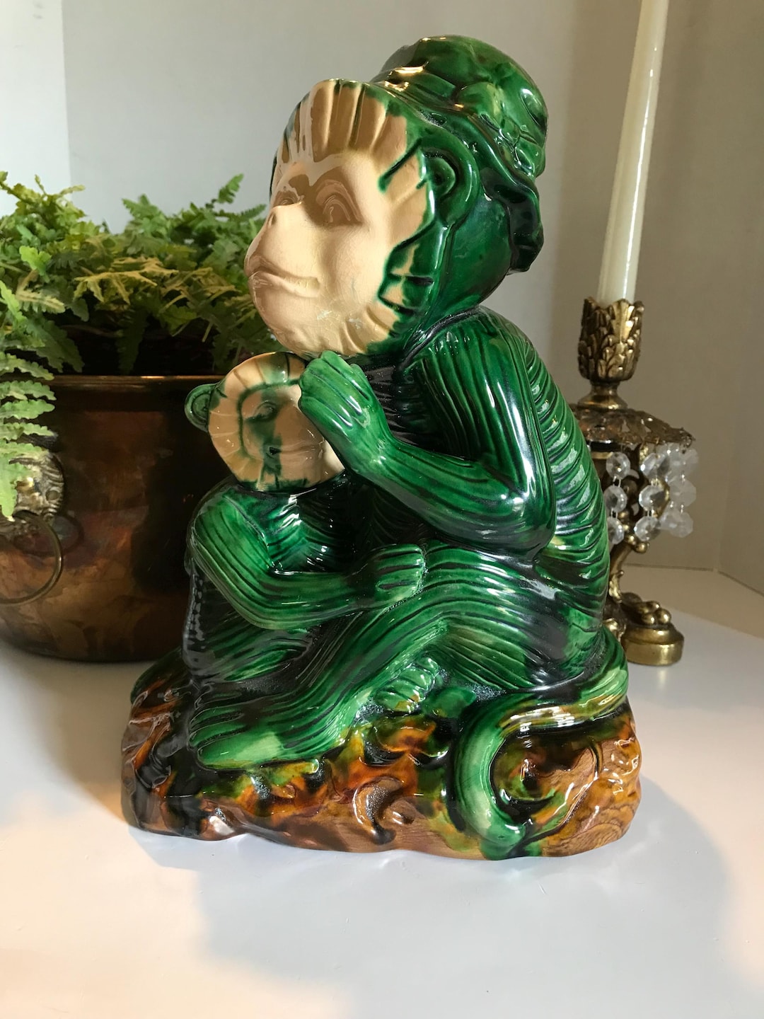 Vintage Green Majolica Monkey Statue, Vintage Glazed Ceramic Green ...