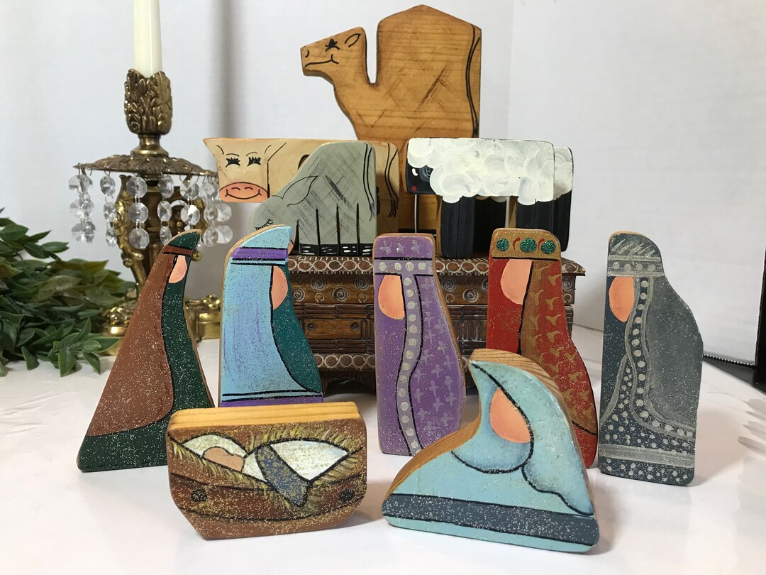 Vintage Wood Block Nativity Set, Vtg Hand Painted Block Style Nativity ...
