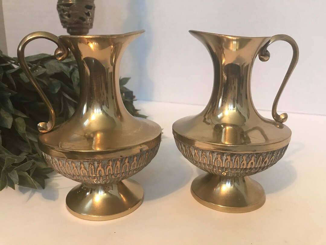 Vintage MCM Small Miniature 5.25" Brass Vases, Hollywood Regency Small ...