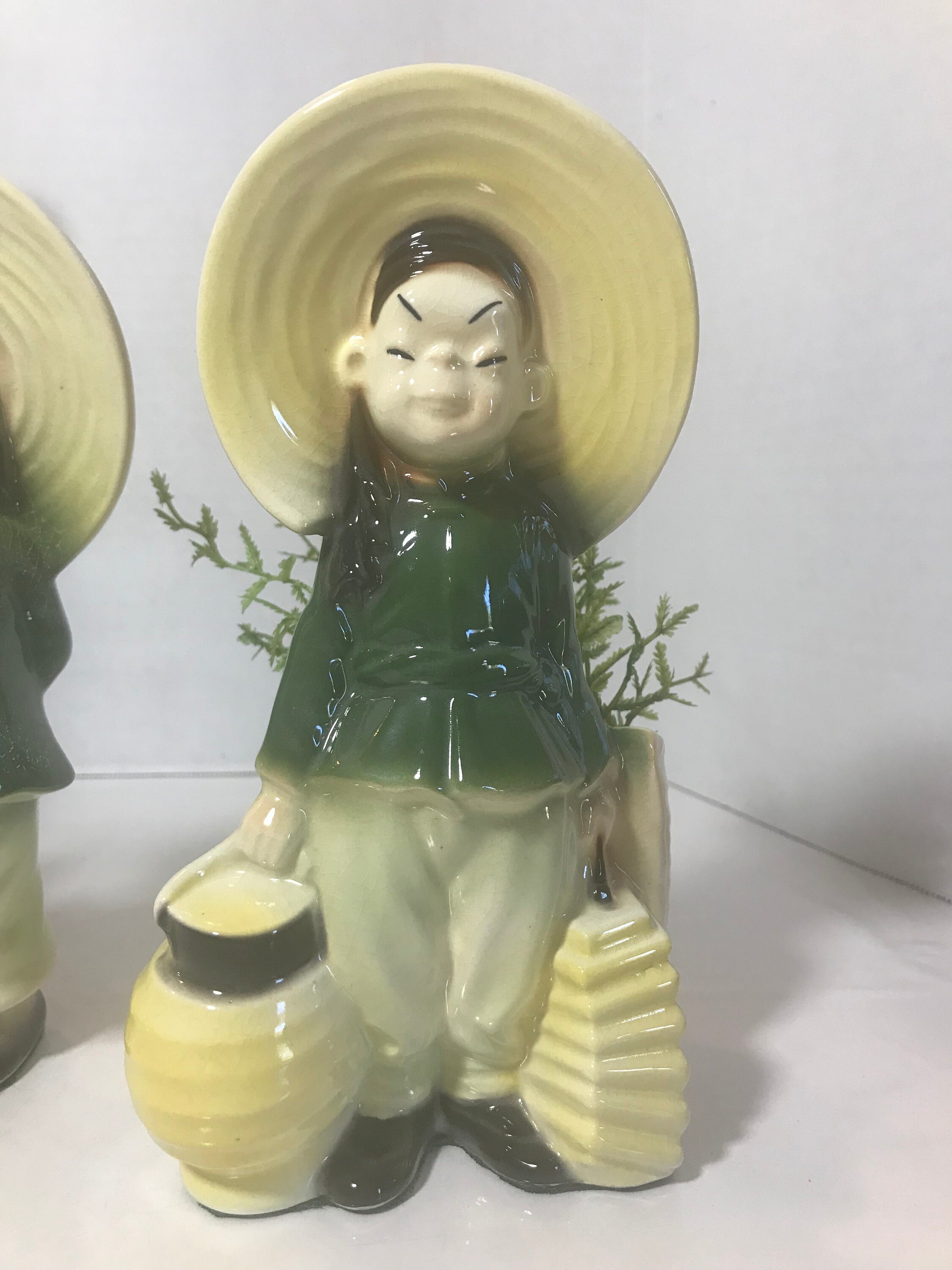 Vintage 1940s Artsy Planter Figurines, Kitsch Yellow and Green Japanese ...