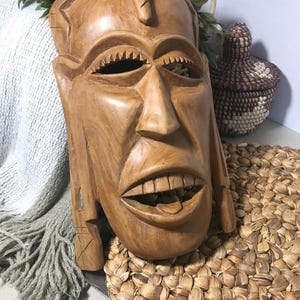 Vintage Hand Carved Wooden Wall Mask, Vintage Genuine Hand Carved ...