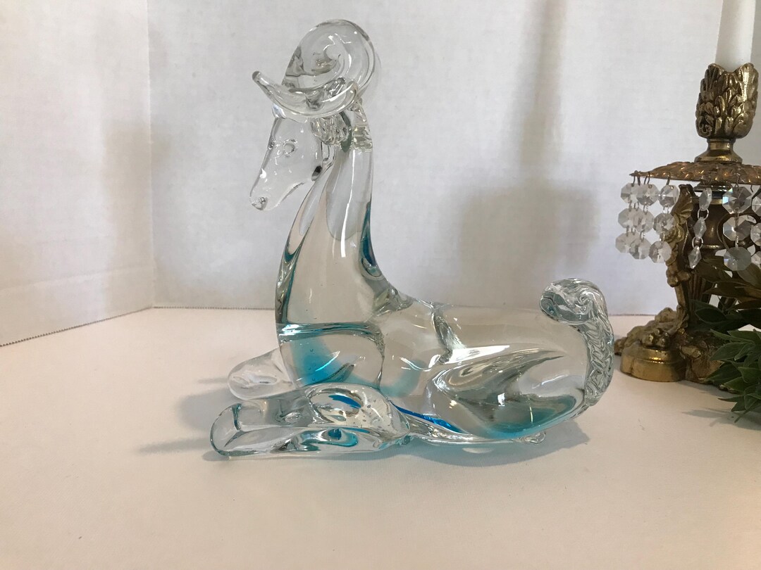 Vintage Murano Glass Clear and Blue Glass Ram Figurine Sculpture ...