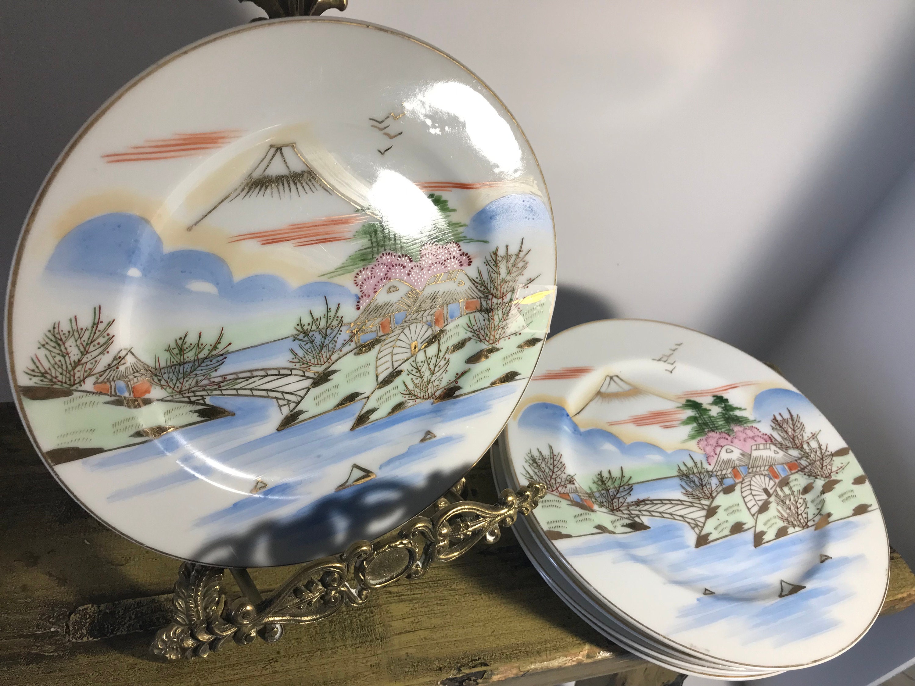 Kutani Hand Painted Porcelain Salad Plates (5), Kutani Village Scene ...
