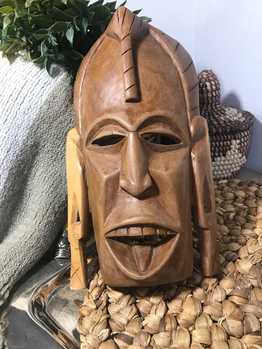 Vintage Hand Carved Wooden Wall Mask, Vintage Genuine Hand Carved ...
