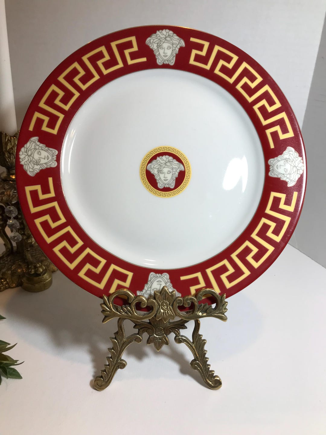Vintage Porcelain Red Greek Key and Medusa 10.75" Plate, Vintage ...