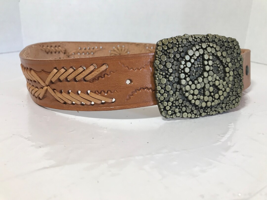 Vintage Tooled Leather and Brass Peace Sign Belt, Size Small, Brown ...