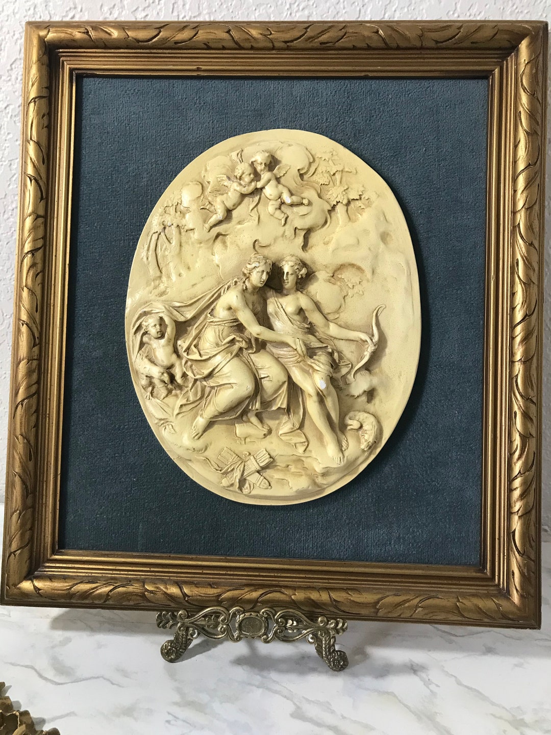 Vintage Sculptural Relief Art, Hollywood Regency Blue Velvet Relief Art ...