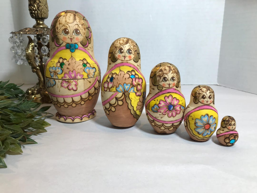 Vintage Russian Babushka Stacking Dolls, Signed, Babushka Colorful Hand ...