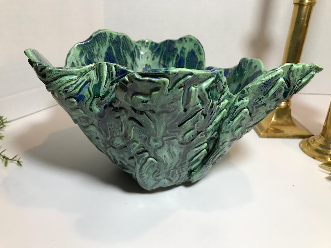 Vintage Art Pottery Leaf Style Bowl, Vintage Green Glazed Ceramic Leaf ...