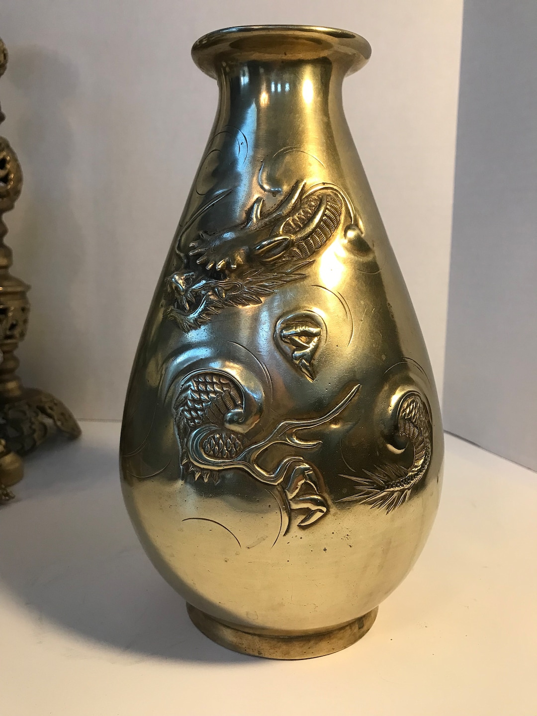 Vintage Bronze Japanese Dragon Vase, Antique Gold Toned Chinoiserie ...