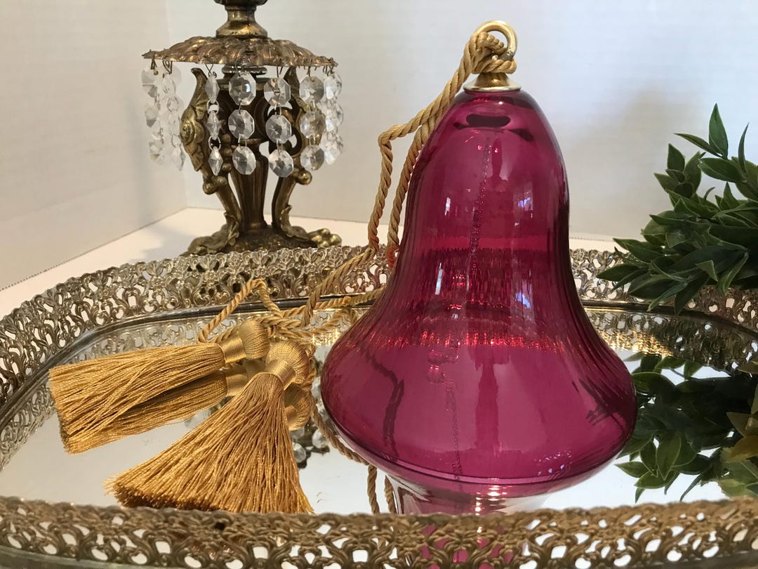 Vintage Pink Glass Bell, Vtg Pink Glass Large Christmas Bell With Gold ...