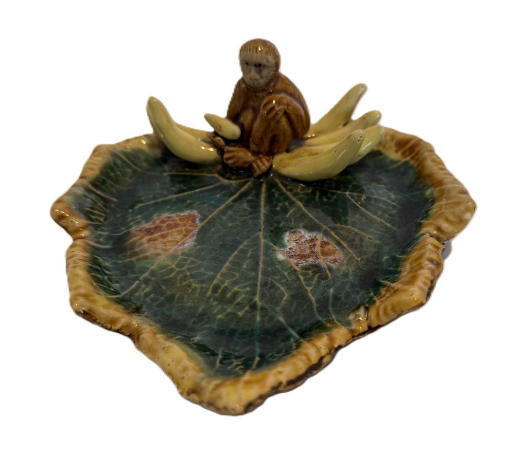Vintage Majolica Monkey Trinket Dish on Leaf With Bananas, Whimsical ...