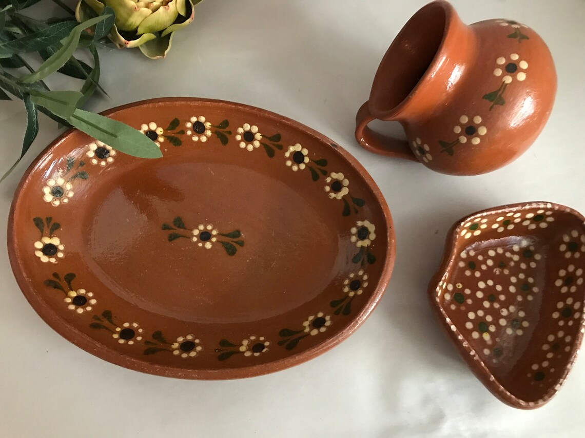 Vintage Mexican Hand Painted Ceramic Serving Dish Set, Vtg Terracotta ...