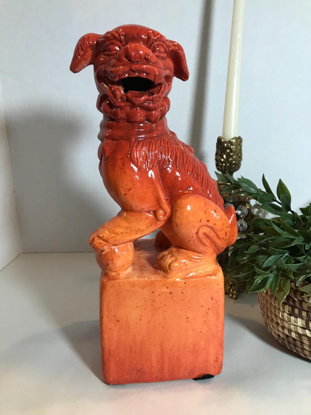 Vintage Foo Dog Statue, Vtg Chinese Foo Dog Statue, Chinoiserie Orange ...