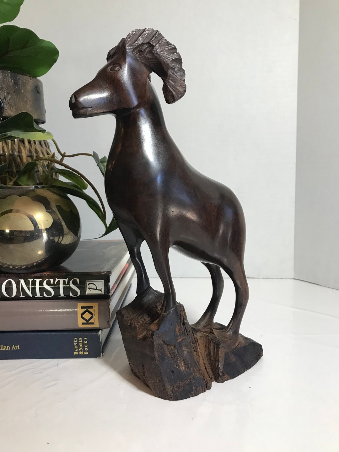 Vintage Carved Wood Ram Sculpture, Dark Ironwood Carved Large 12" Ram ...