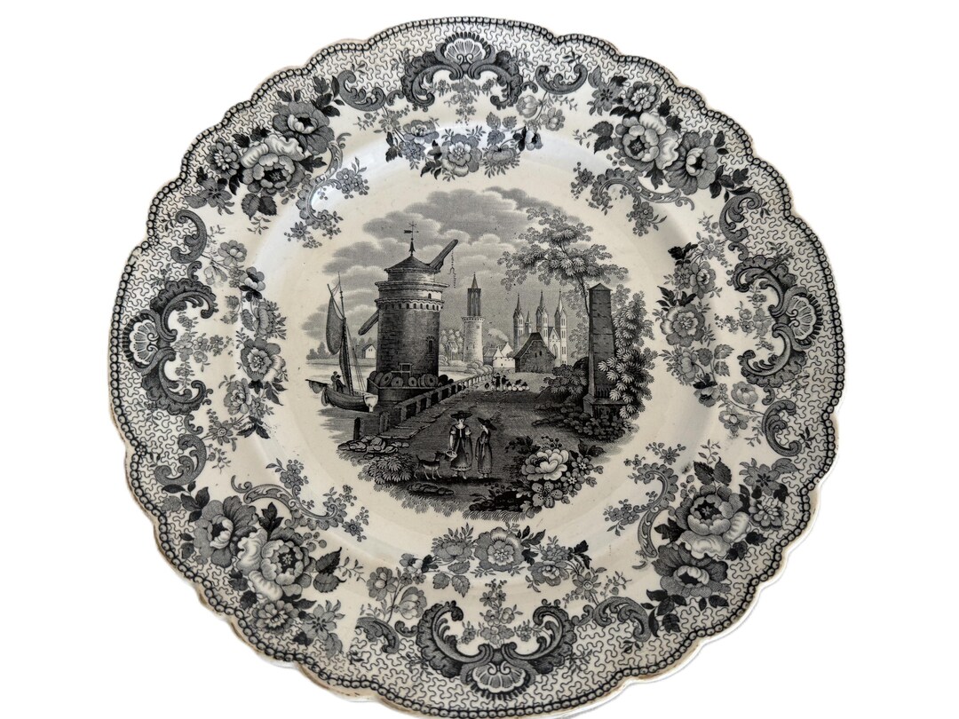 Vintage 19th Century Pomerania JR Black Transferware Plate, Antique ...
