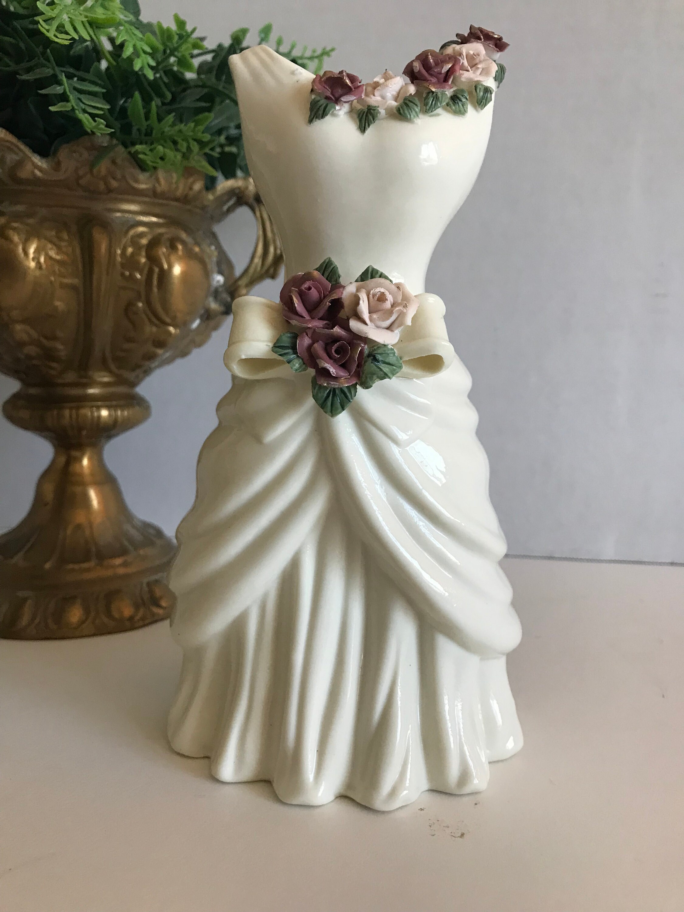 Vintage Ceramic White Dress Vase, White Vase in Shape of Dress With ...