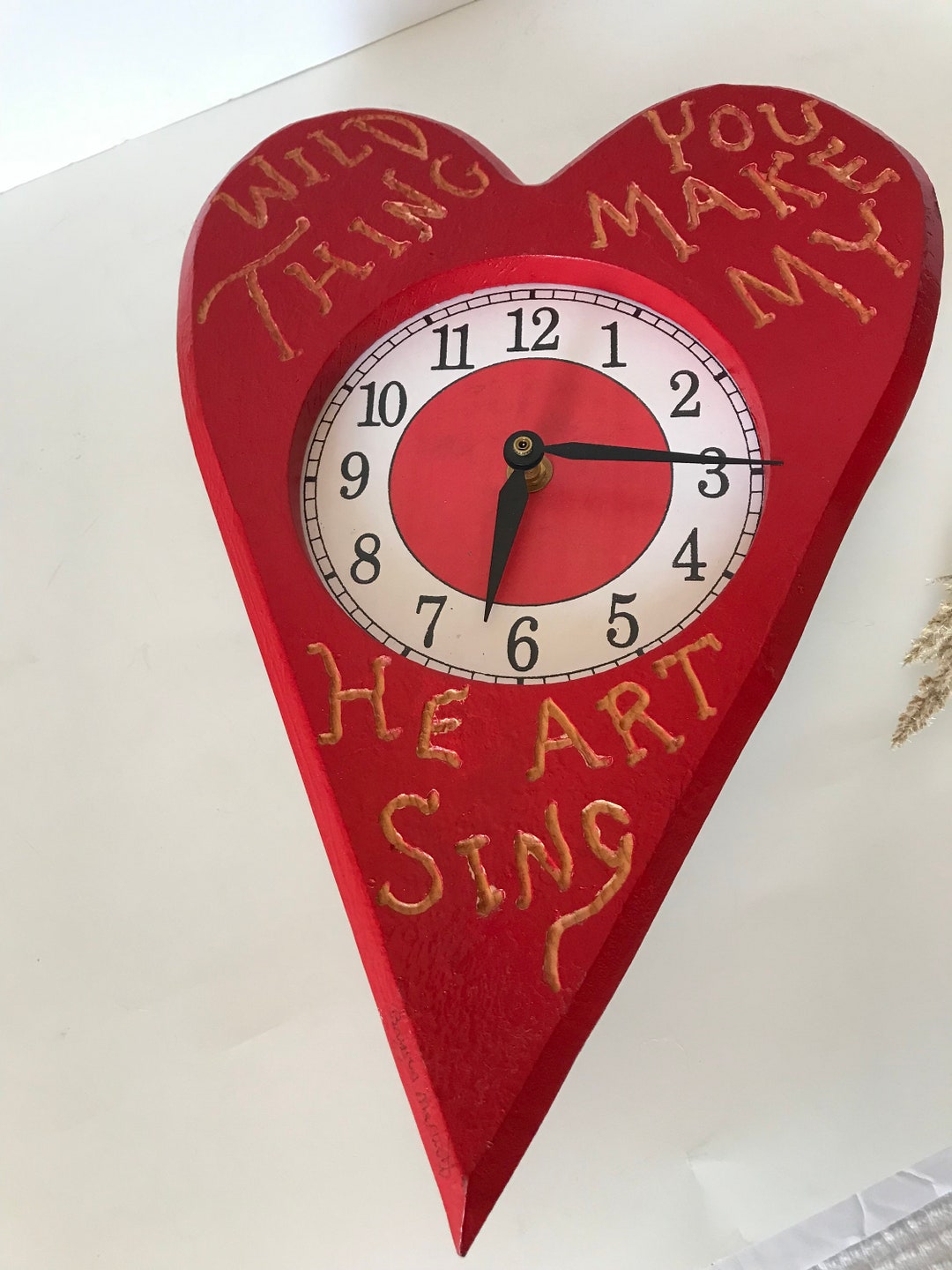 Vintage Handmade Wood Red Heart Clock Wild Thing You Make My Heart Sing ...
