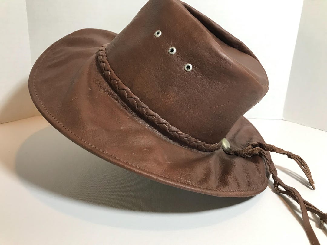 Vintage Brown Leather Safari Style Hat, Vintage Mexico Brown Leather ...