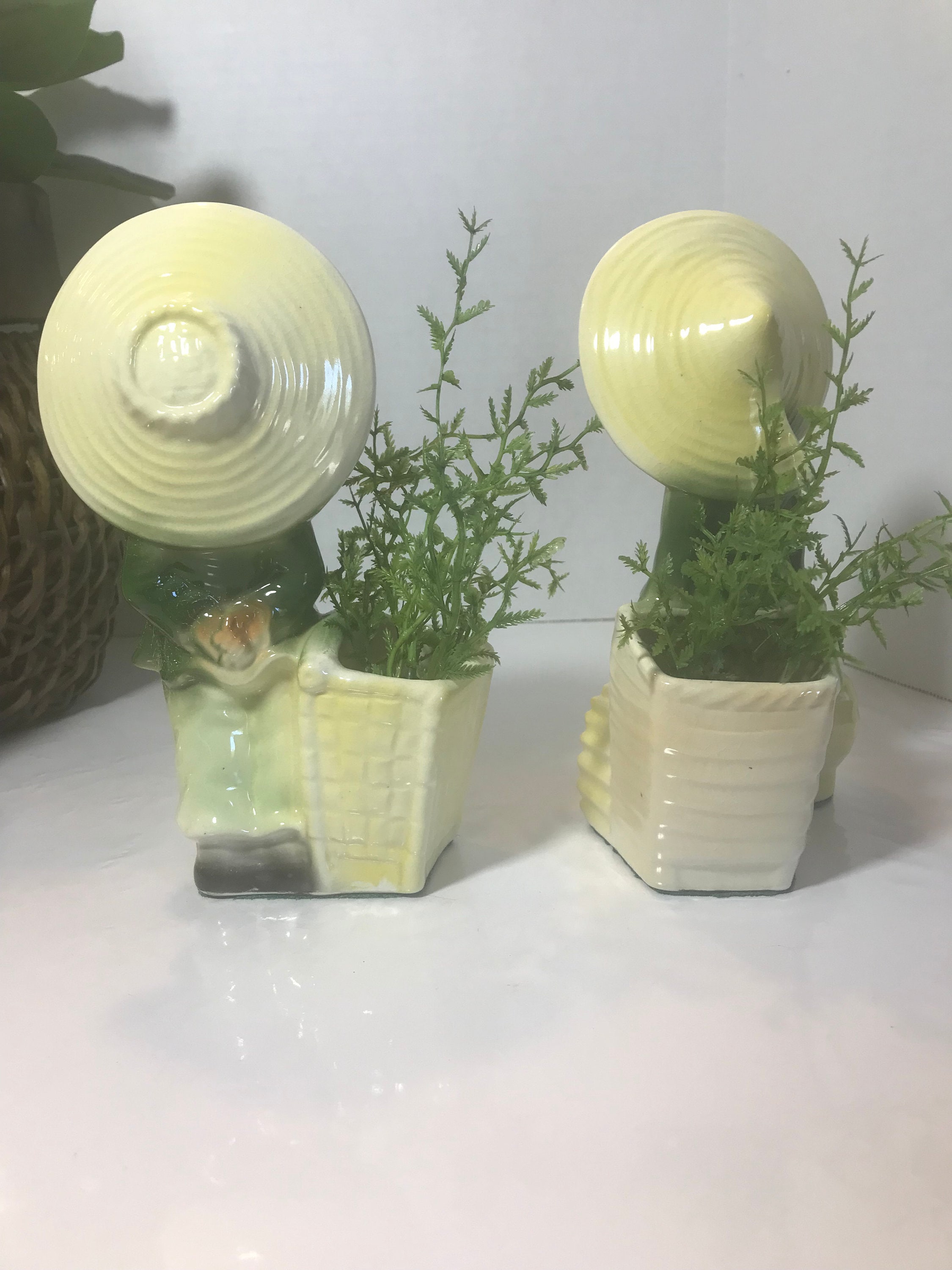 Vintage 1940s Artsy Planter Figurines, Kitsch Yellow and Green Japanese ...