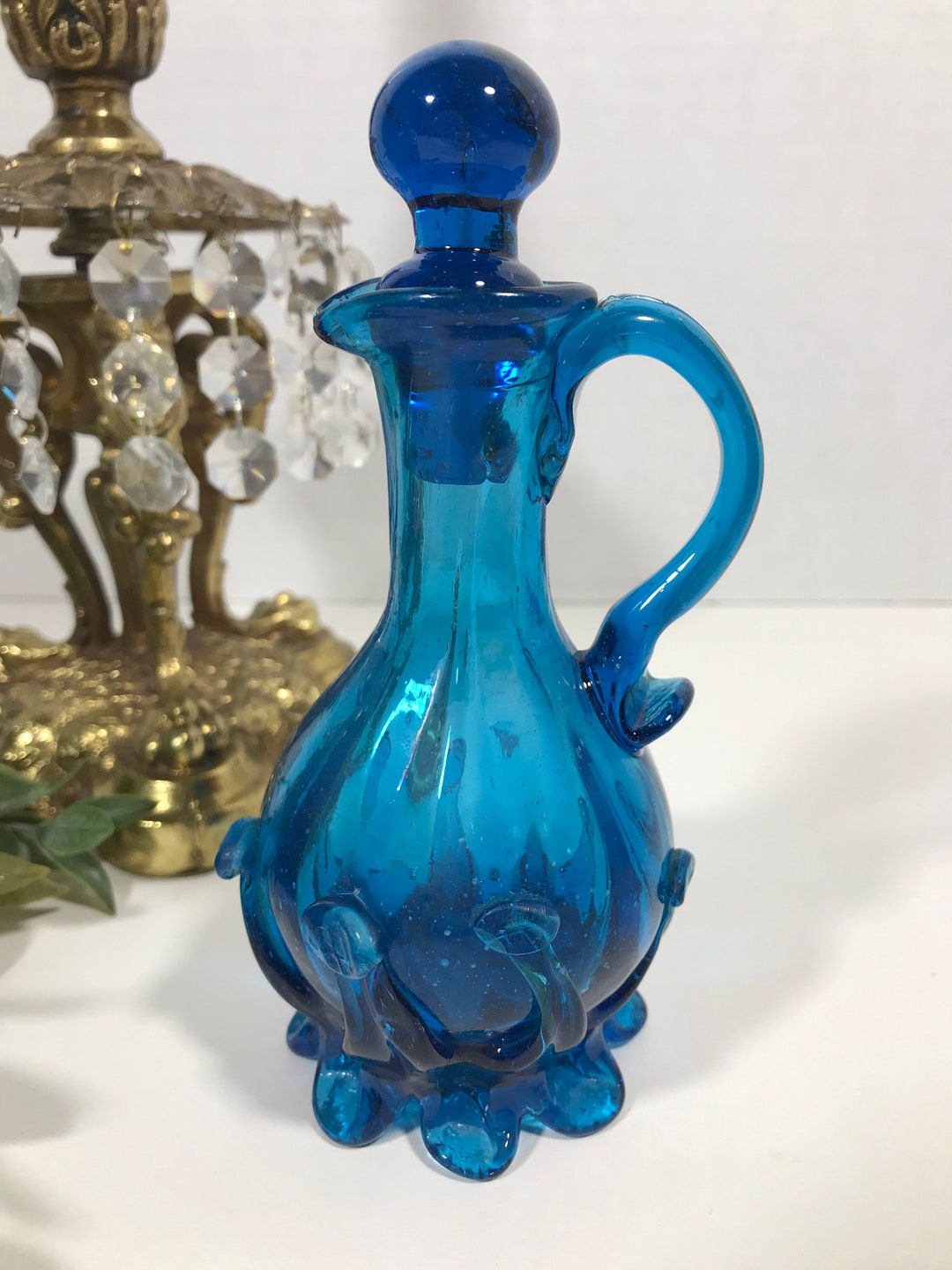 Vintage Blown Glass Perfume Bottle, Vintage Hollywood Regency Blue ...