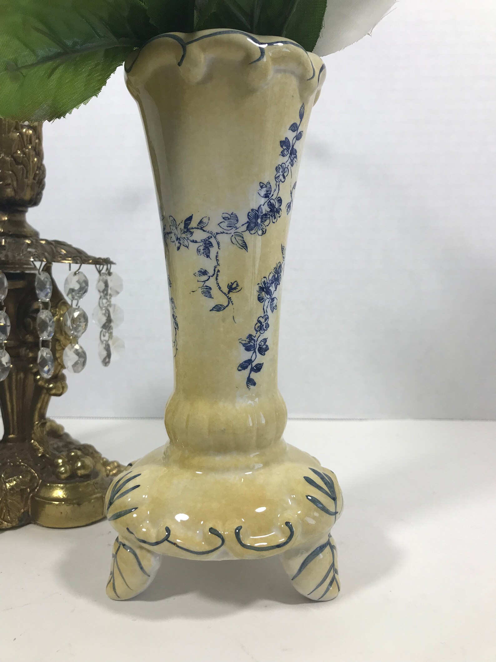 Vintage Pale Yellow and Blue Toile Style Ceramic Vase, 8", English ...