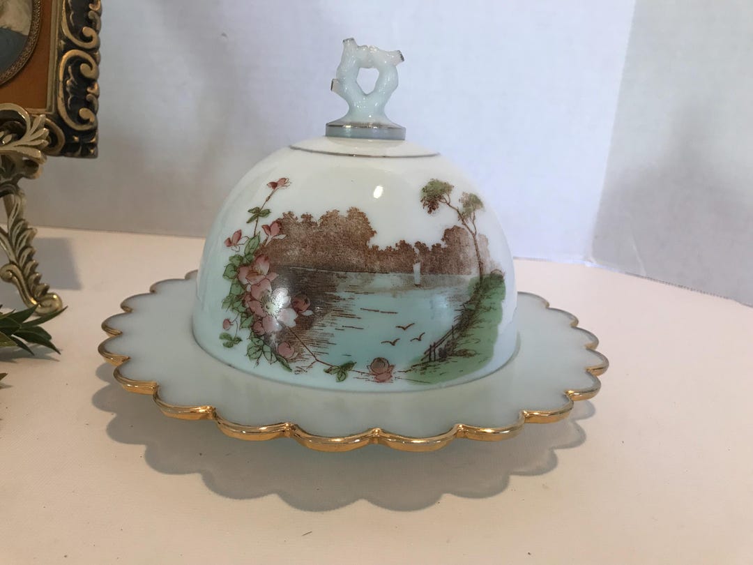 Vintage Hand Painted Porcelain and Glass Cloche and Plate, Vintage ...
