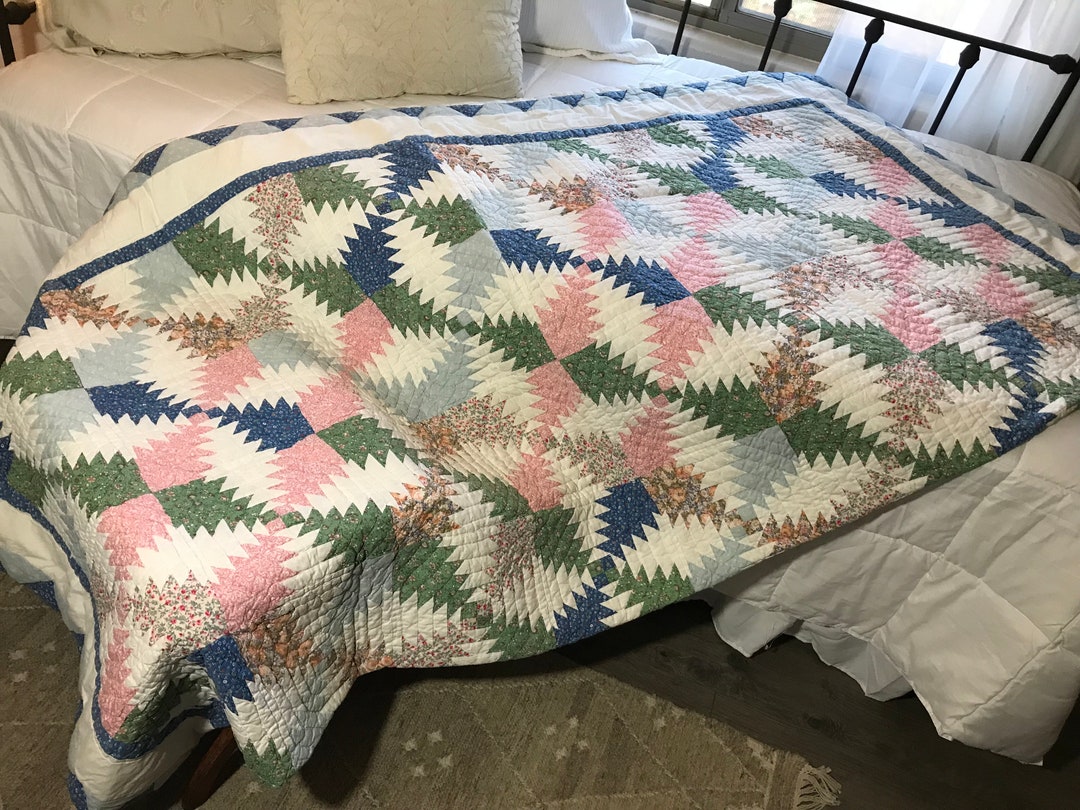 Vintage Shabby Chic Quilt 80x80, Vtg Windmill Pattern English Country Style Quilted Bedspread ...