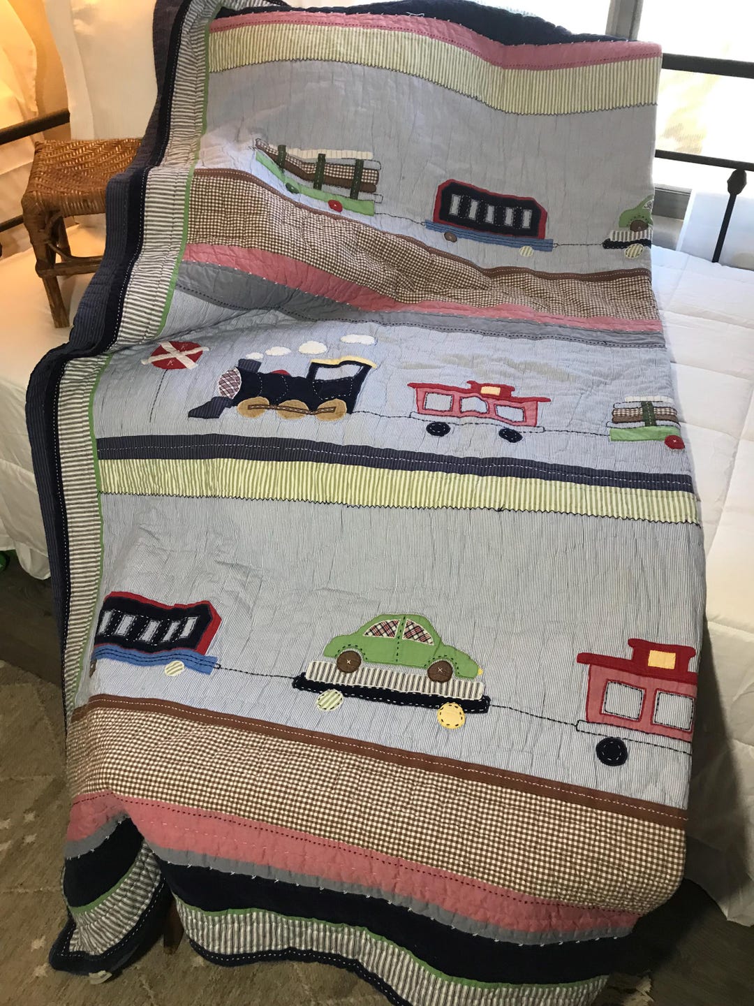Pottery Barn Kids Train Quilt 82x82, Sweet Patchwork Train Quilt With ...