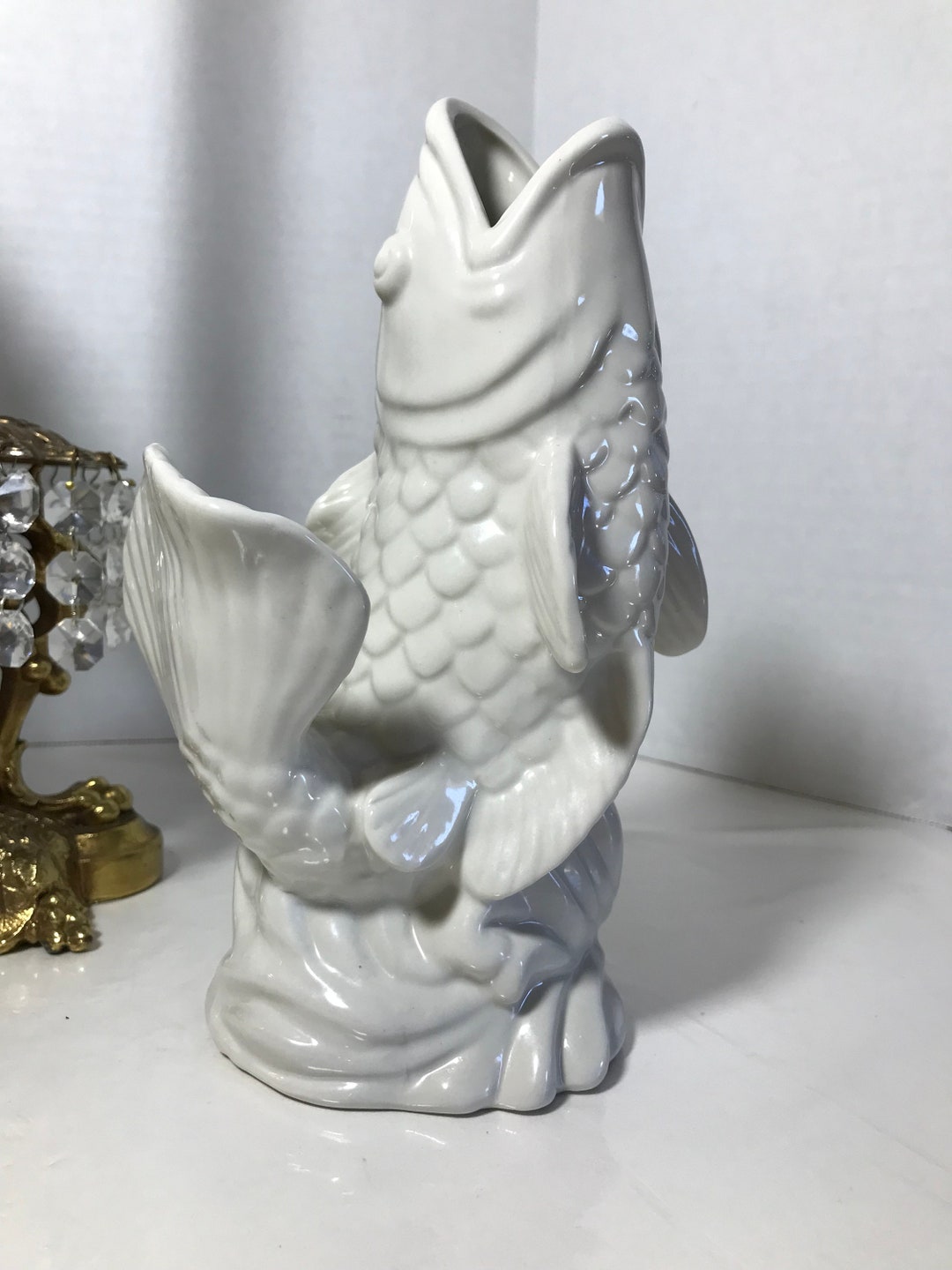 Vintage Blanc De Chine White Porcelain Fish Vase, Chinoiserie White ...
