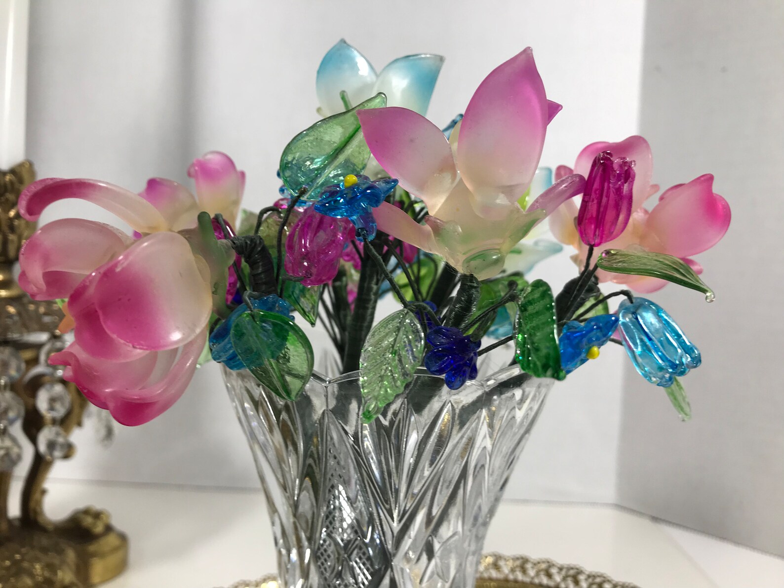 Vintage Glass Flowers in Crystal Vase, Elegant Crystal Vase Filled With ...