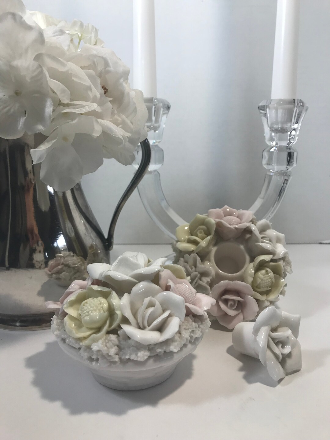 Vintage Elegant Porcelain Flower Basket Perfume Dauber, Capodimonte ...
