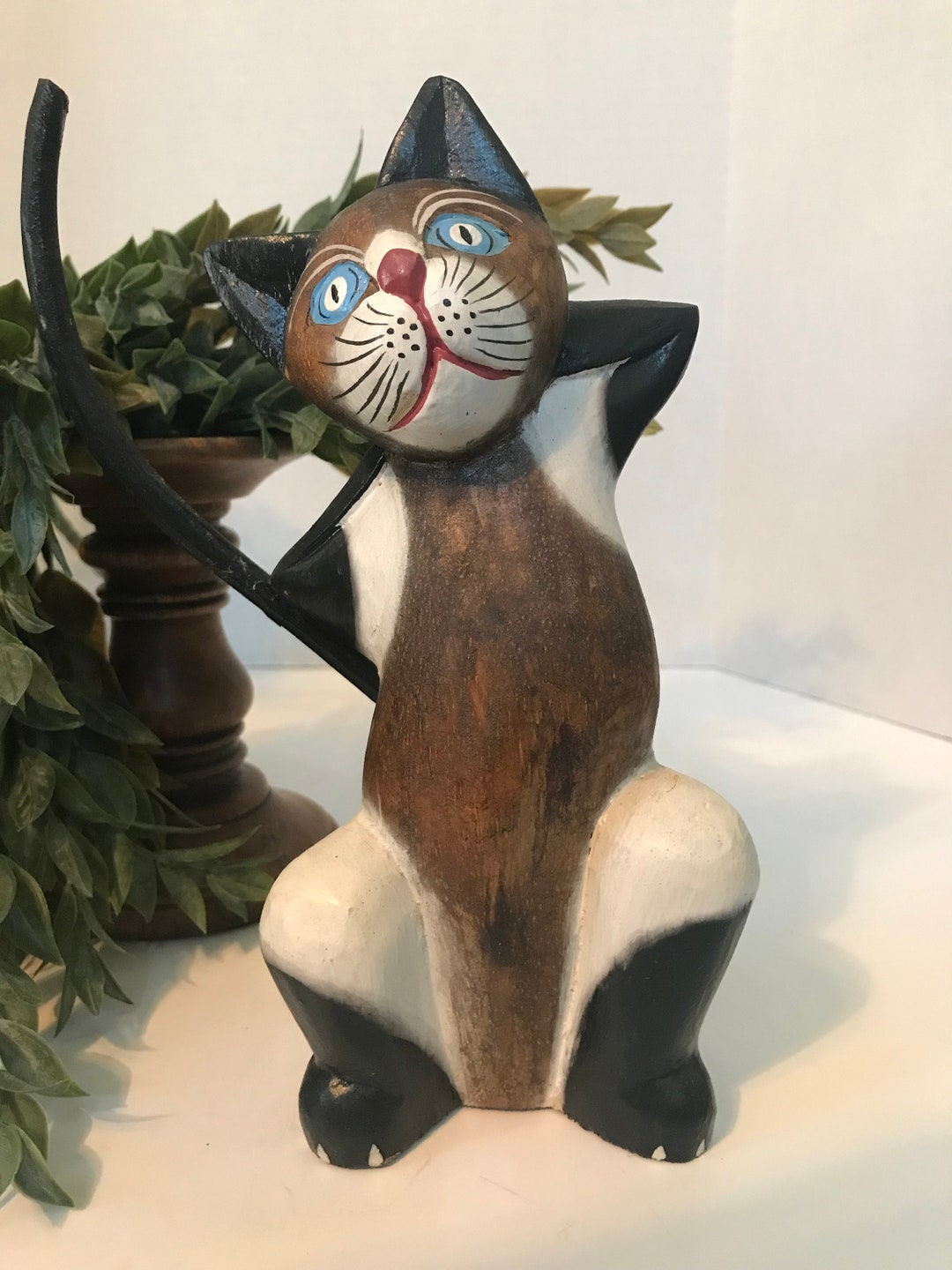 Vintage MCM Wooden Carved and Painted Cat Figurine, Lounging Cat ...