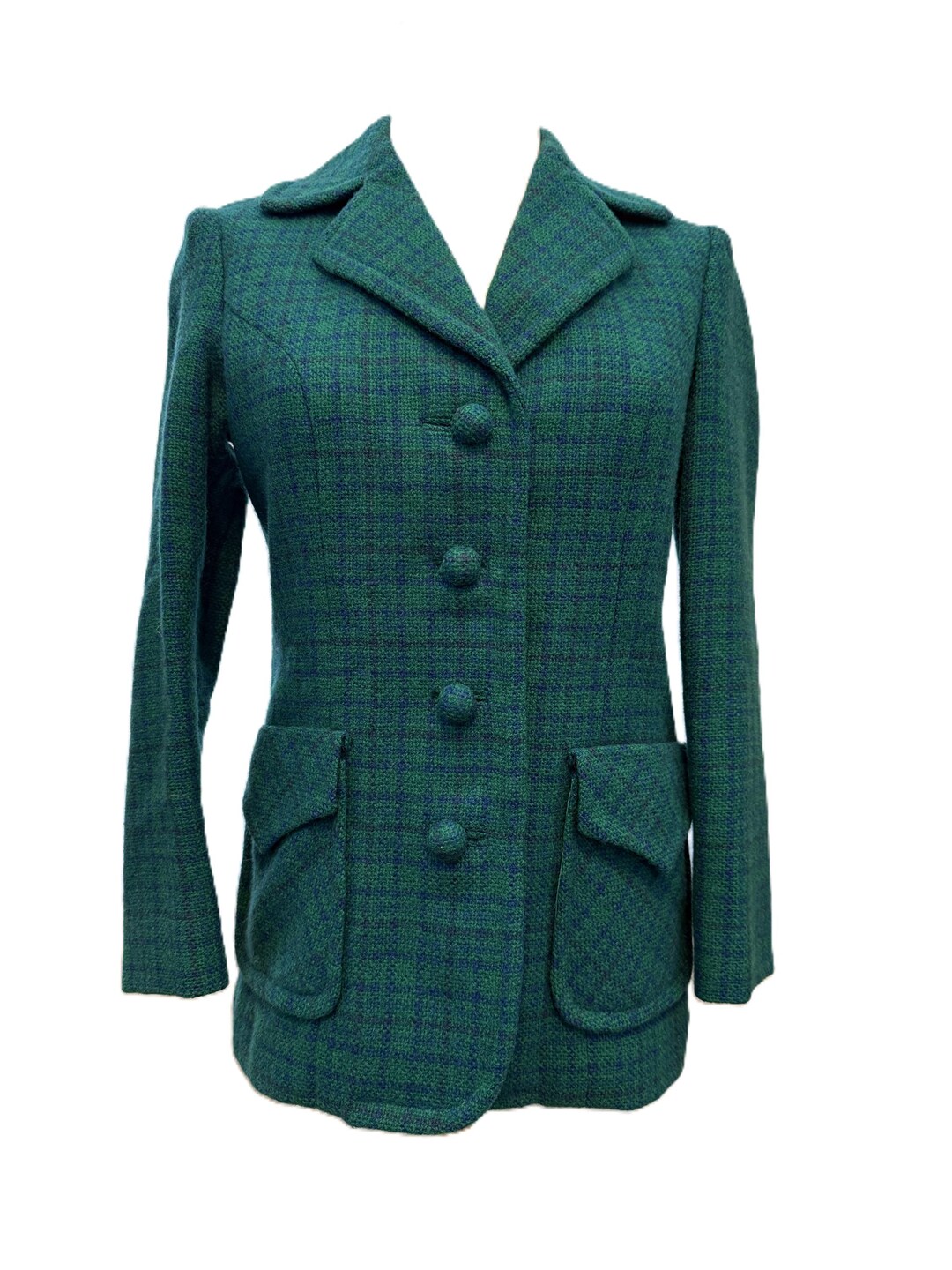 Vintage 1960s Turquoise Blue Plaid Wool Jackie O Style Blazer Jacket ...