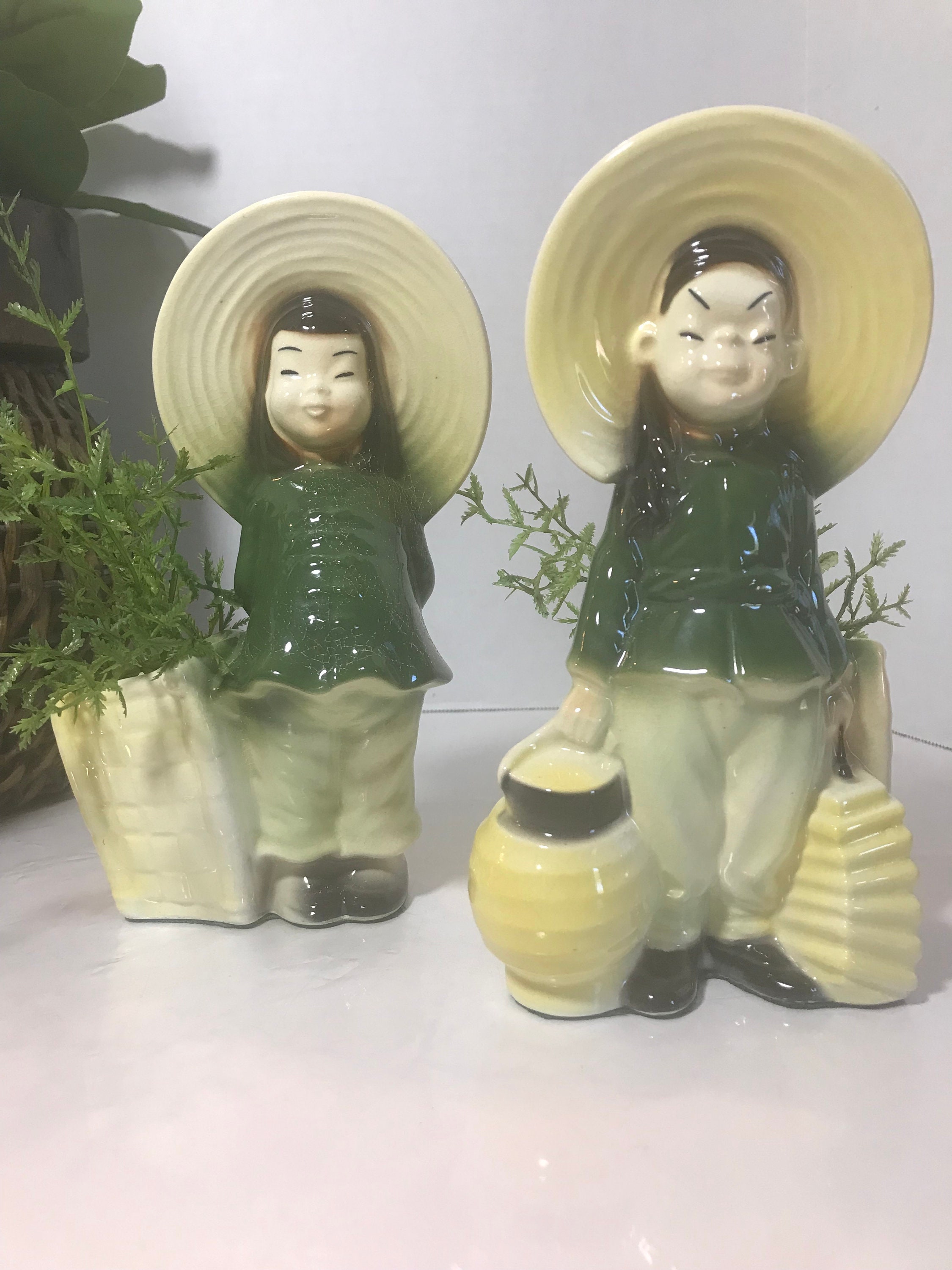 Vintage 1940s Artsy Planter Figurines, Kitsch Yellow and Green Japanese ...