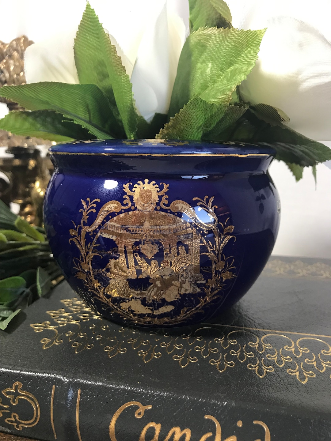 Vintage Asian Blue Gold Small Planter, Vintage Gold Foil Blue Small ...