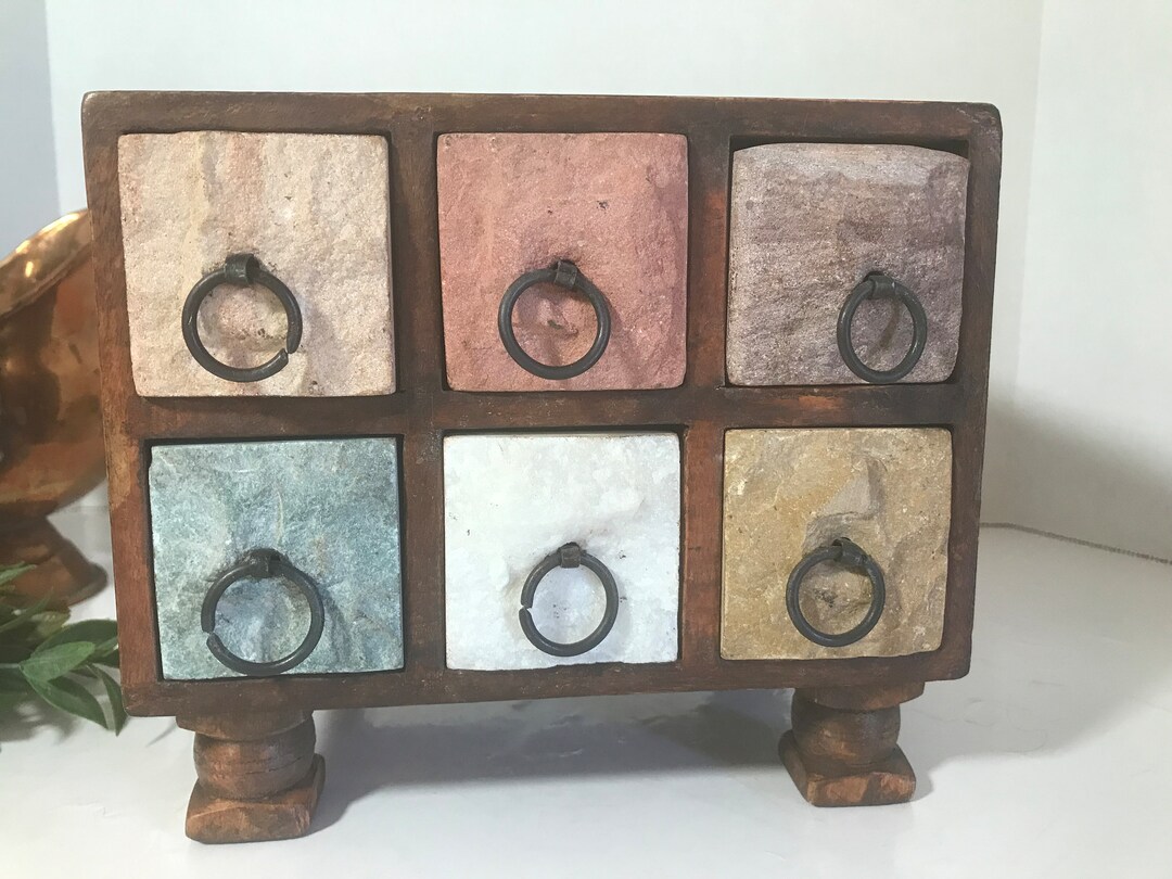 Vintage Rustic Wood Box, Wood Decorative Box With Stone Drawers, Wooden ...