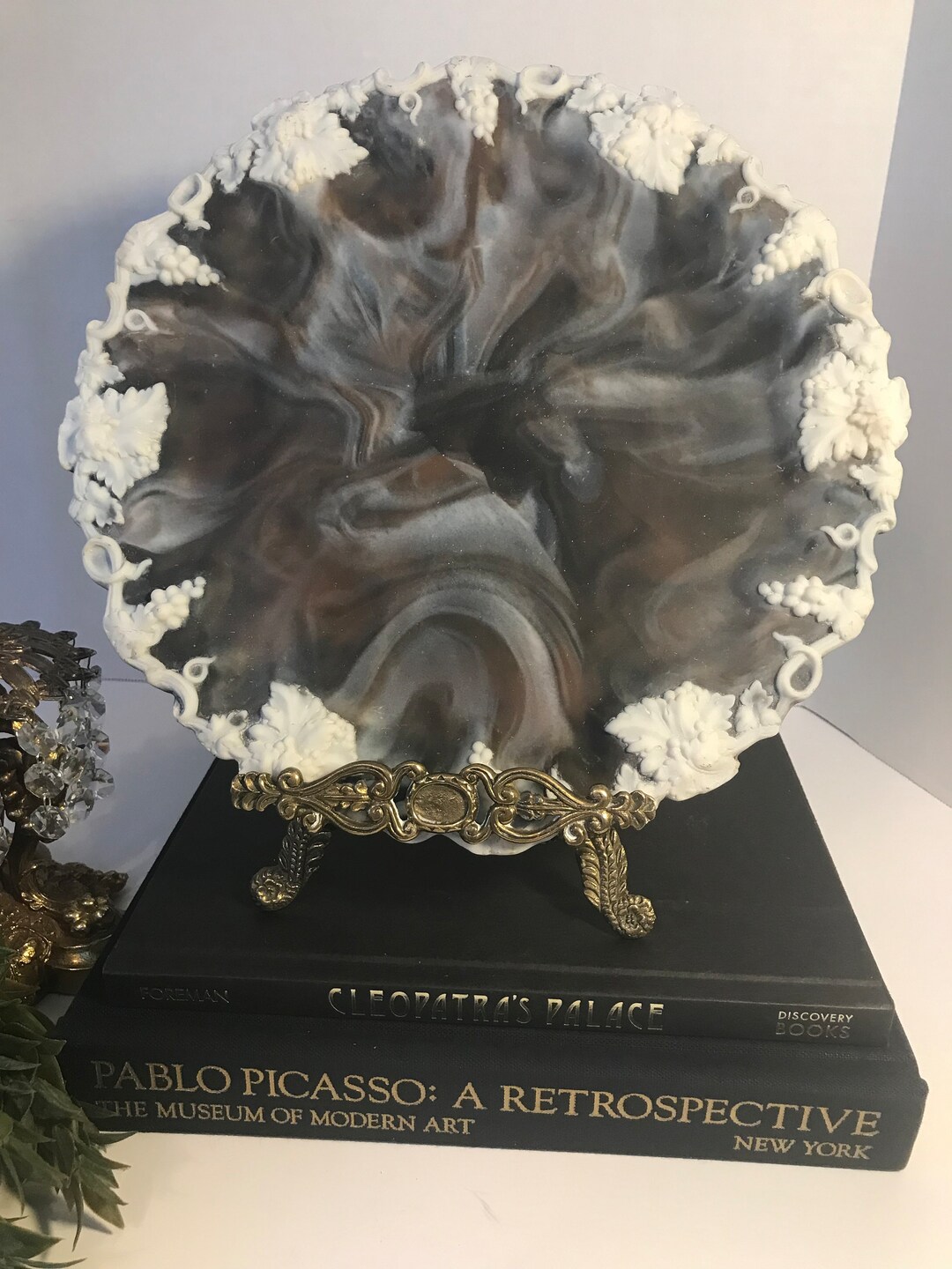 Vintage Incolay Stone Platter, Incolay Gray and White Marbleized Look ...