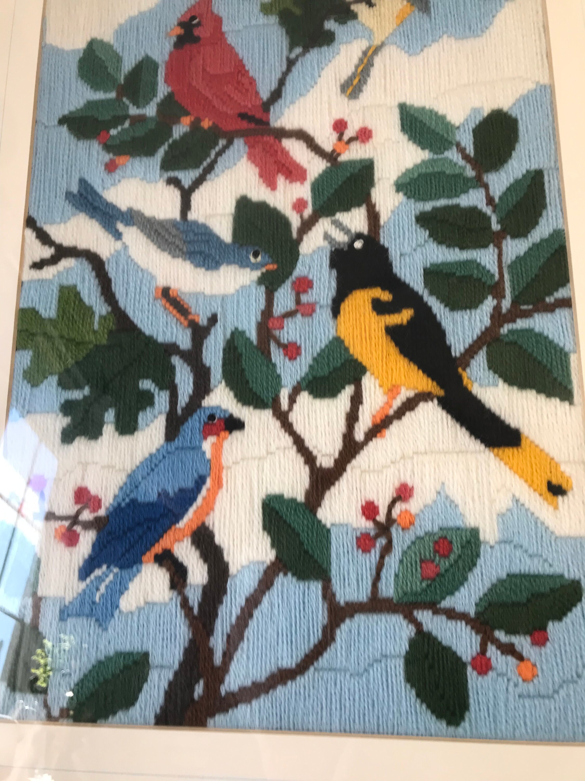 Vintage Crewel Art Four Birds on a Branch, Vintage Framed Bird Floral 3 ...