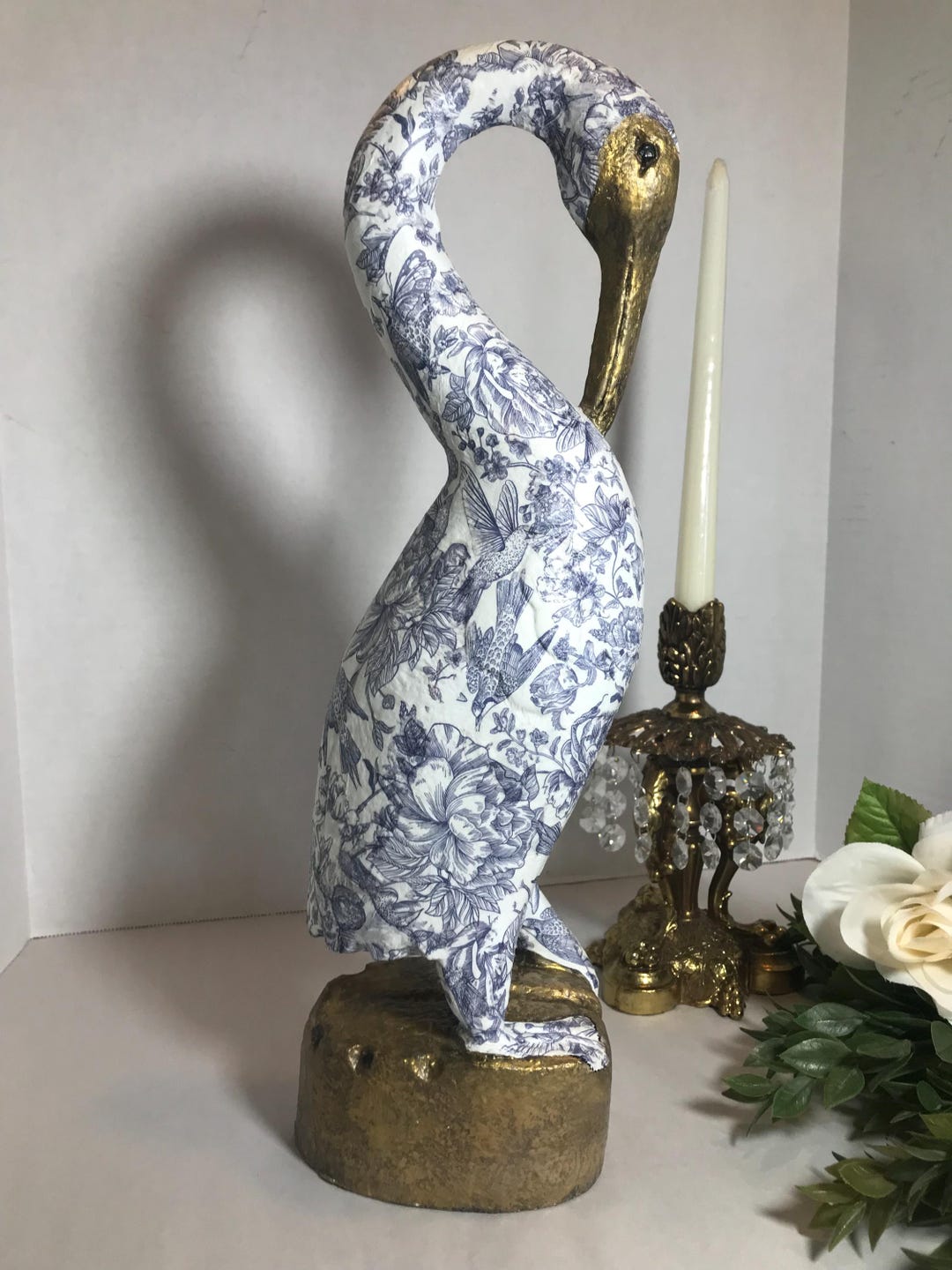 Vintage Decoupaged Wooden Swan Statue, Blue and White Decoupage Wood ...