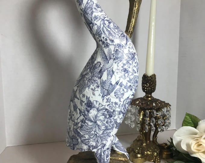 Vintage Decoupaged Wooden Swan Statue, Blue and White Decoupage Wood ...