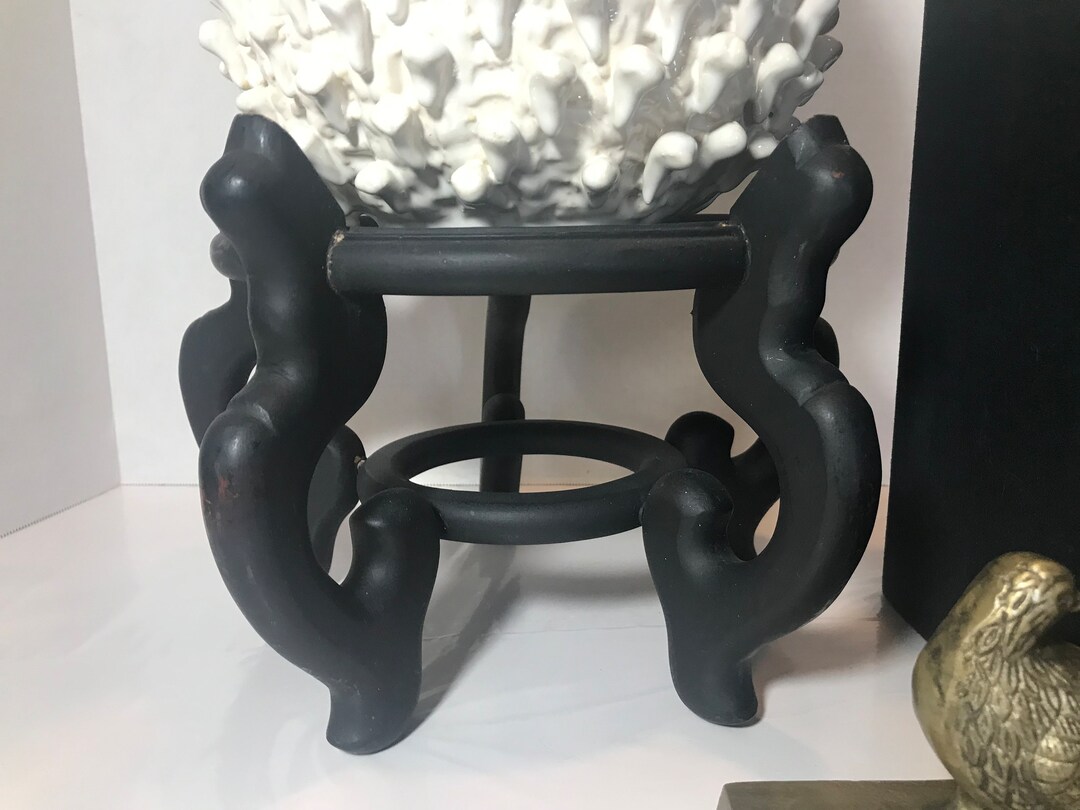 Vintage Carved Wood Plant Stand, Vtg Carved Black Wooden Plant Vase ...