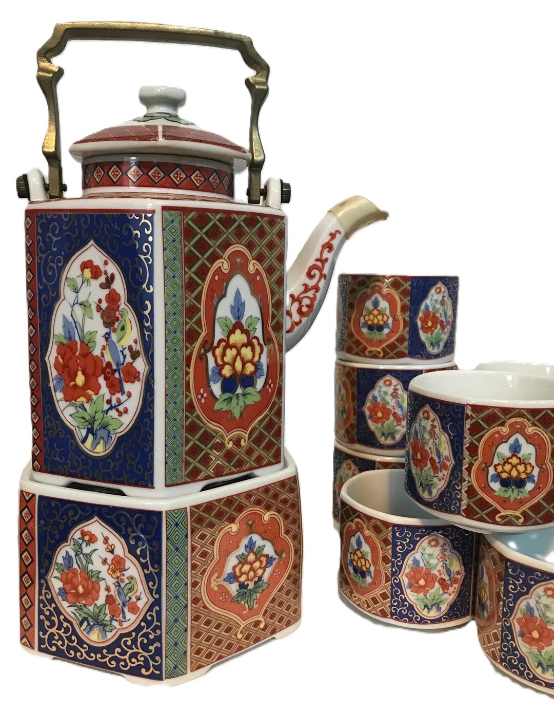 Vintage Japanese Imari Tea Set With Brass Handle, 9-piece Chinoiserie ...