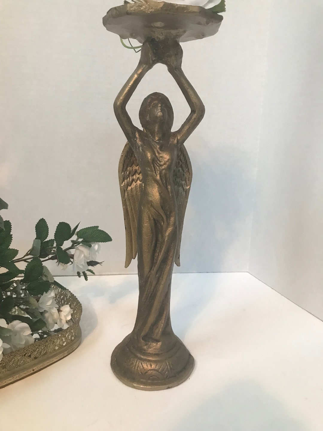 Vintage Cast Iron Angel Statue, Antique Cast Gold Iron Winged Woman ...