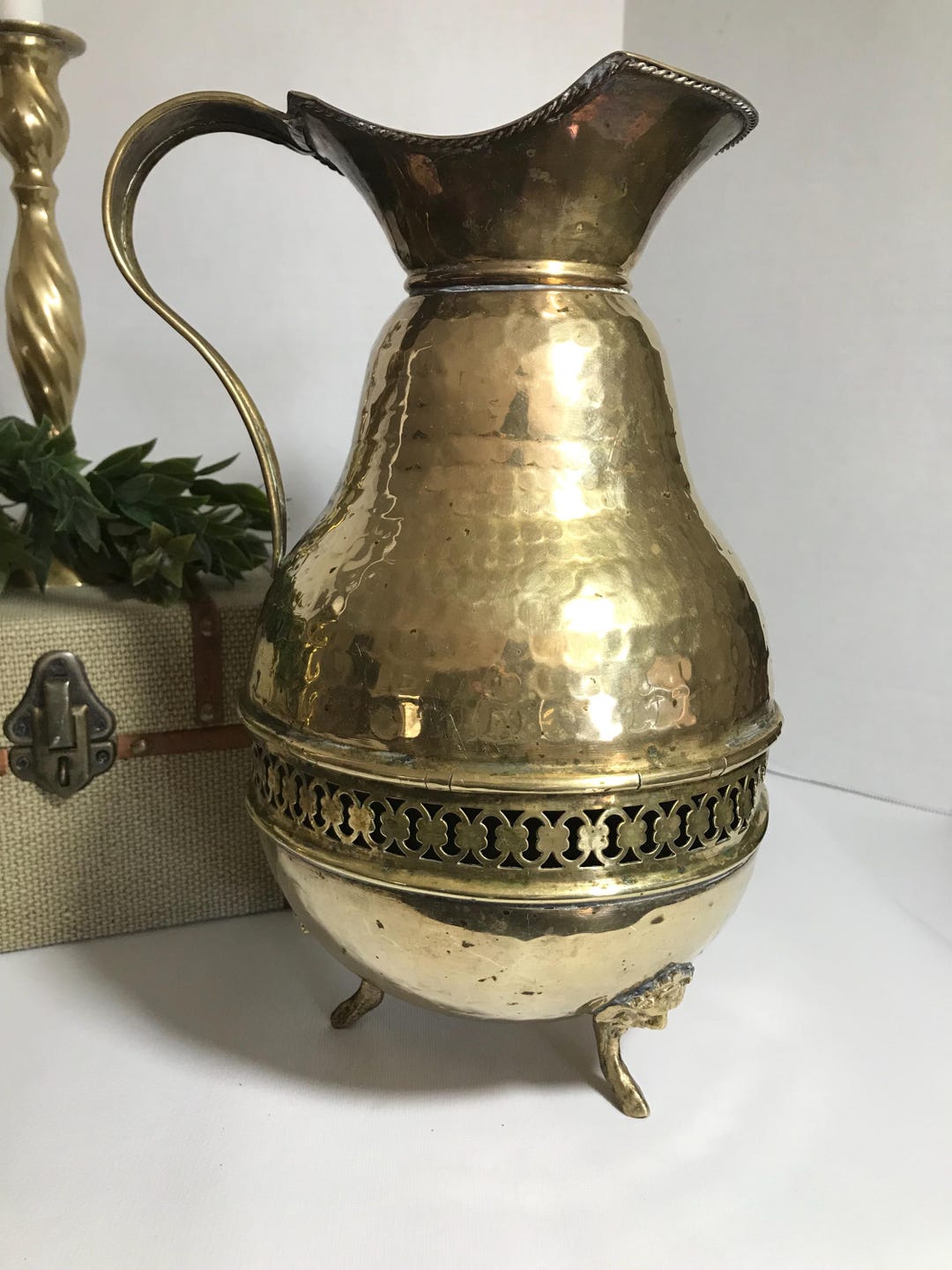 Vintage Brass Ornate Open Work Pitcher Spain, Vintage Spanish Hammered ...