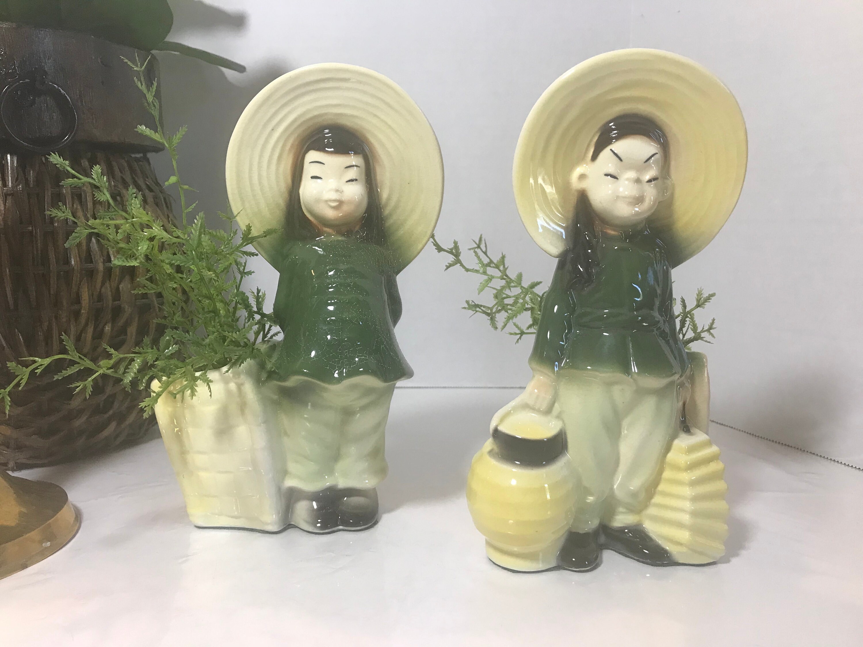Vintage 1940s Artsy Planter Figurines, Kitsch Yellow and Green Japanese ...