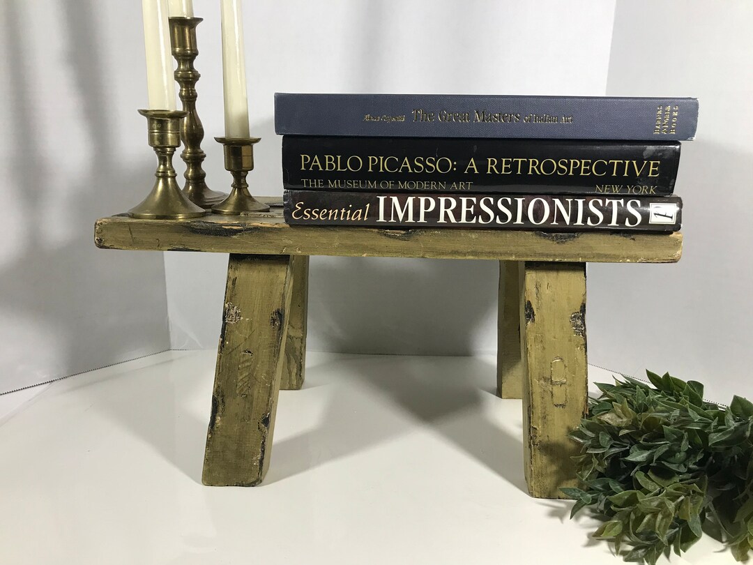 Vintage Wooden Primitive Milking Stool, Antique Wood Stool, Vintage Olive Green Chinese Wood ...