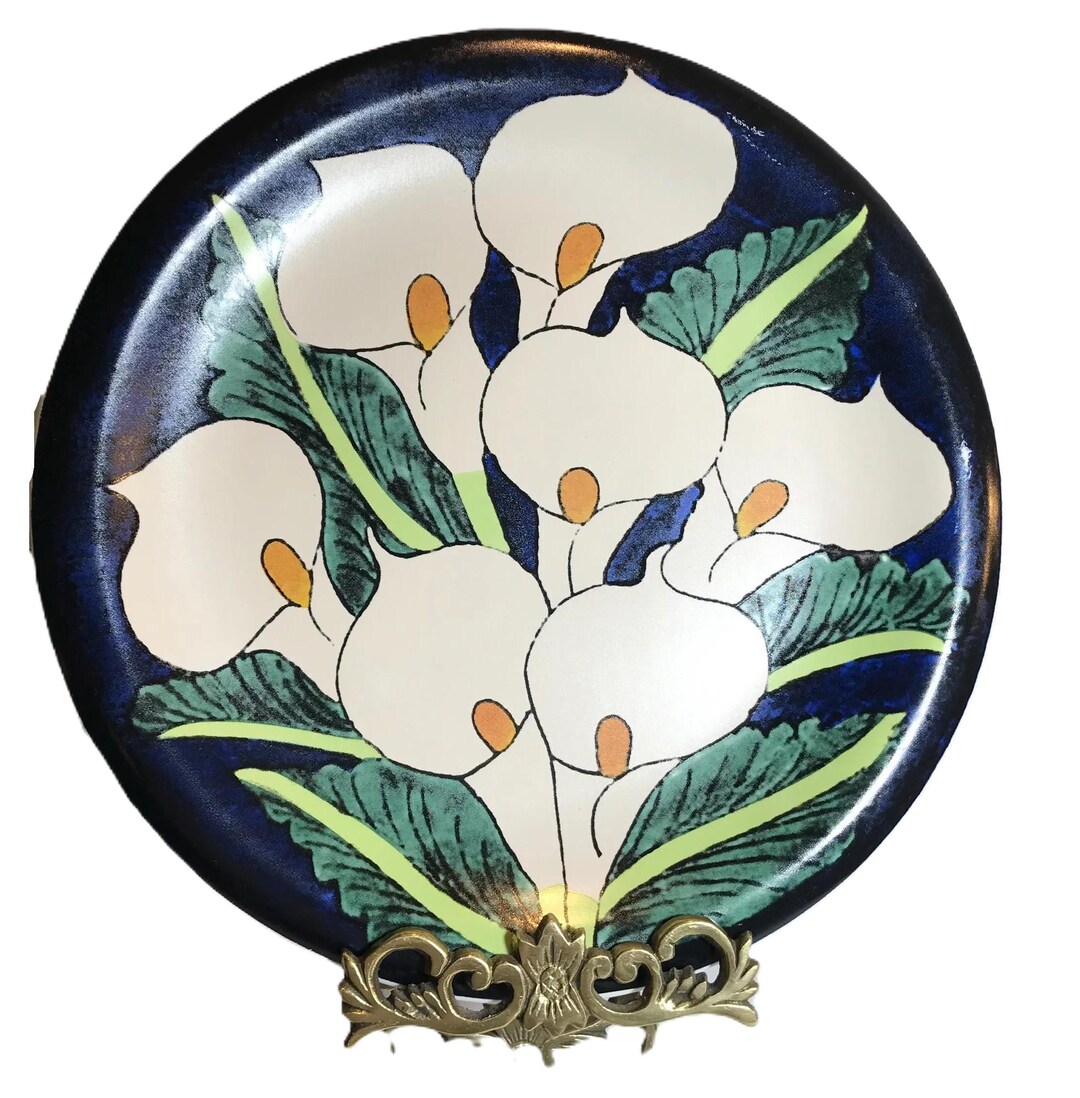 Vintage Hand Painted Ceramic Calla Lily Plate, Blue, White and Yellow ...