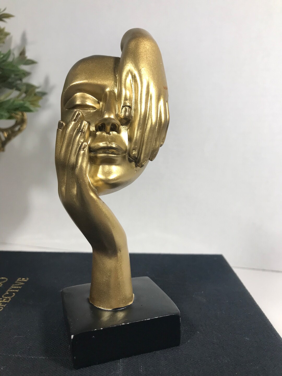 Vintage Face With Hands Statue, Gold Hands and Face Sculpture, Small ...